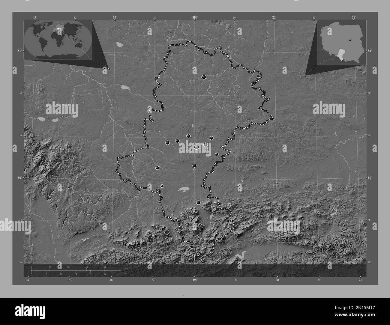 Slaskie, voivodeship|province of Poland. Bilevel elevation map with ...