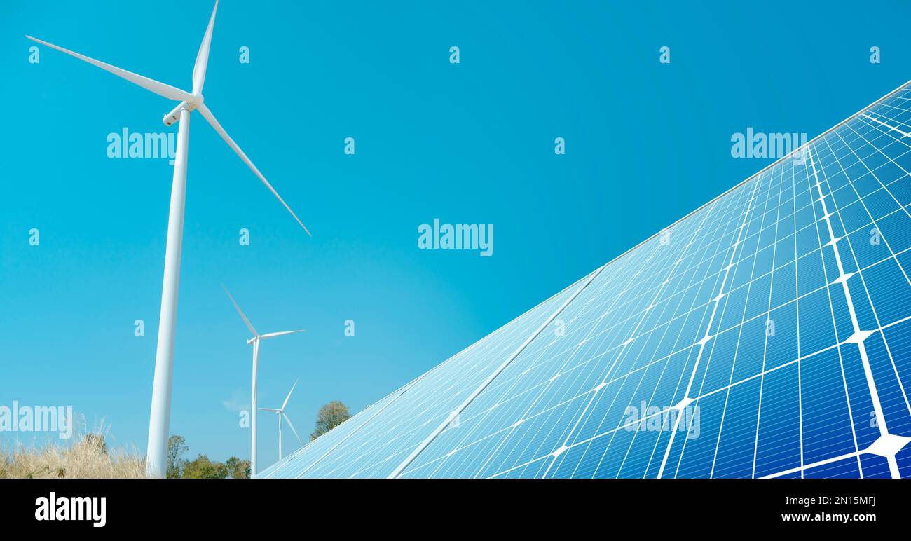 Solar panel and Wind Turbines on blue sky, clean energy sustainable for ...
