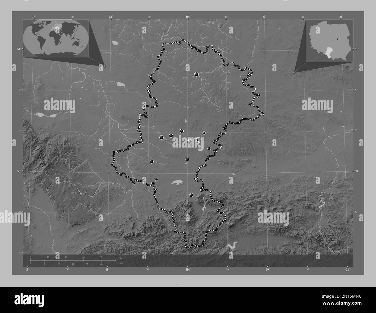 Slaskie, voivodeship|province of Poland. Grayscale elevation map with ...