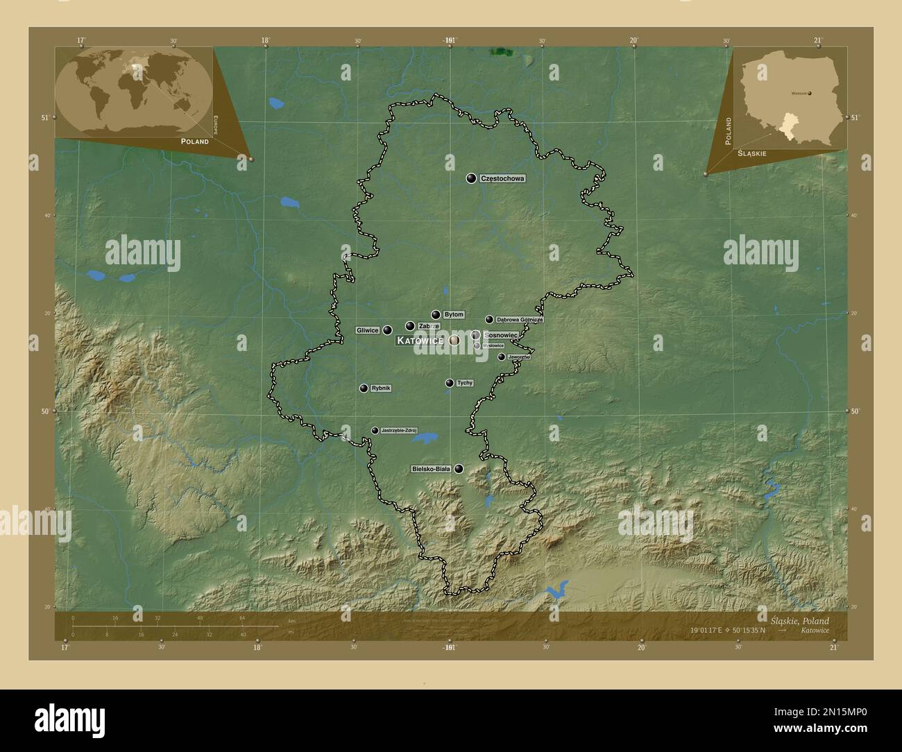 Slaskie, voivodeship|province of Poland. Colored elevation map with ...