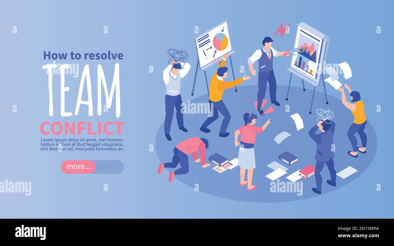Isometric team conflict banner with people arguing in front of flipping ...