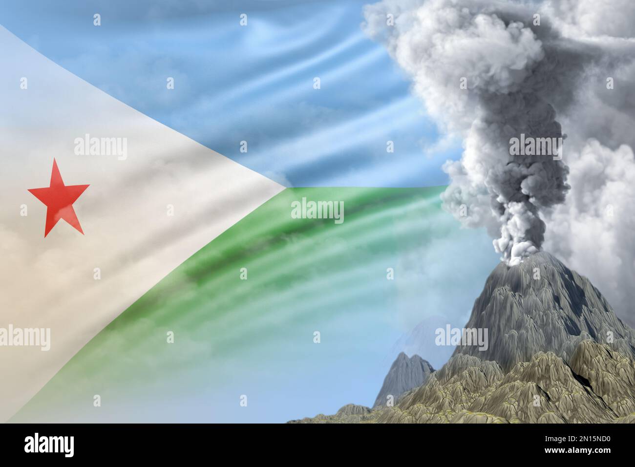 volcano eruption at day time with white smoke on Djibouti flag ...