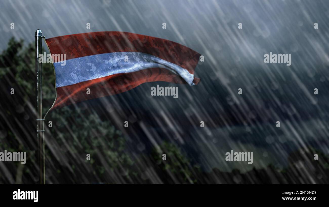 flag of Austria with rain and dark clouds, rainy weather symbol ...