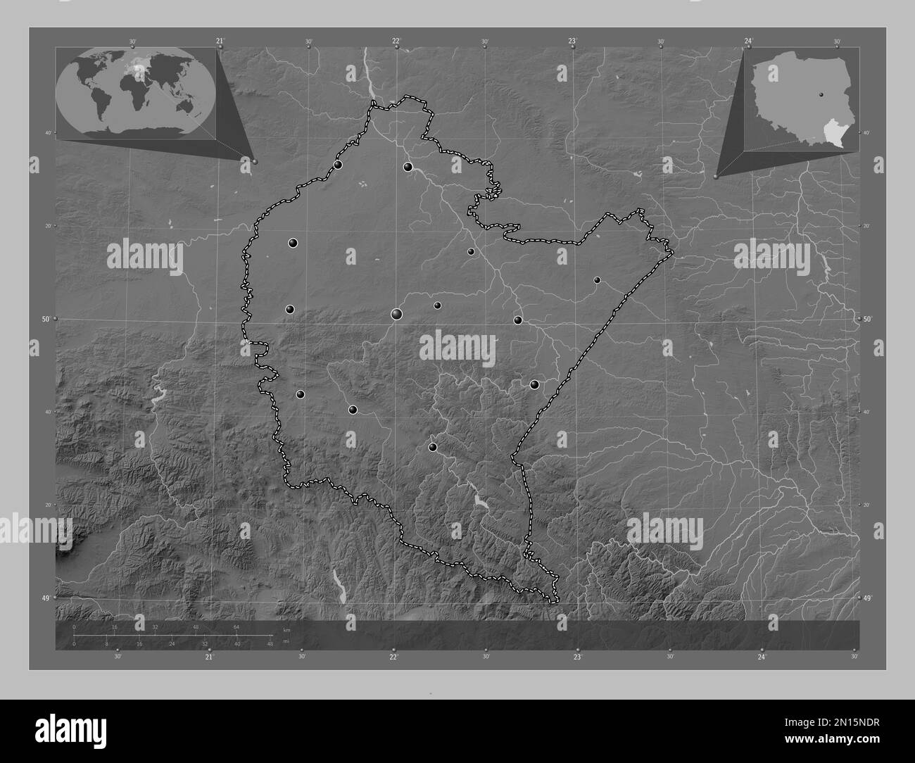 Podkarpackie, voivodeship|province of Poland. Grayscale elevation map with lakes and rivers ...