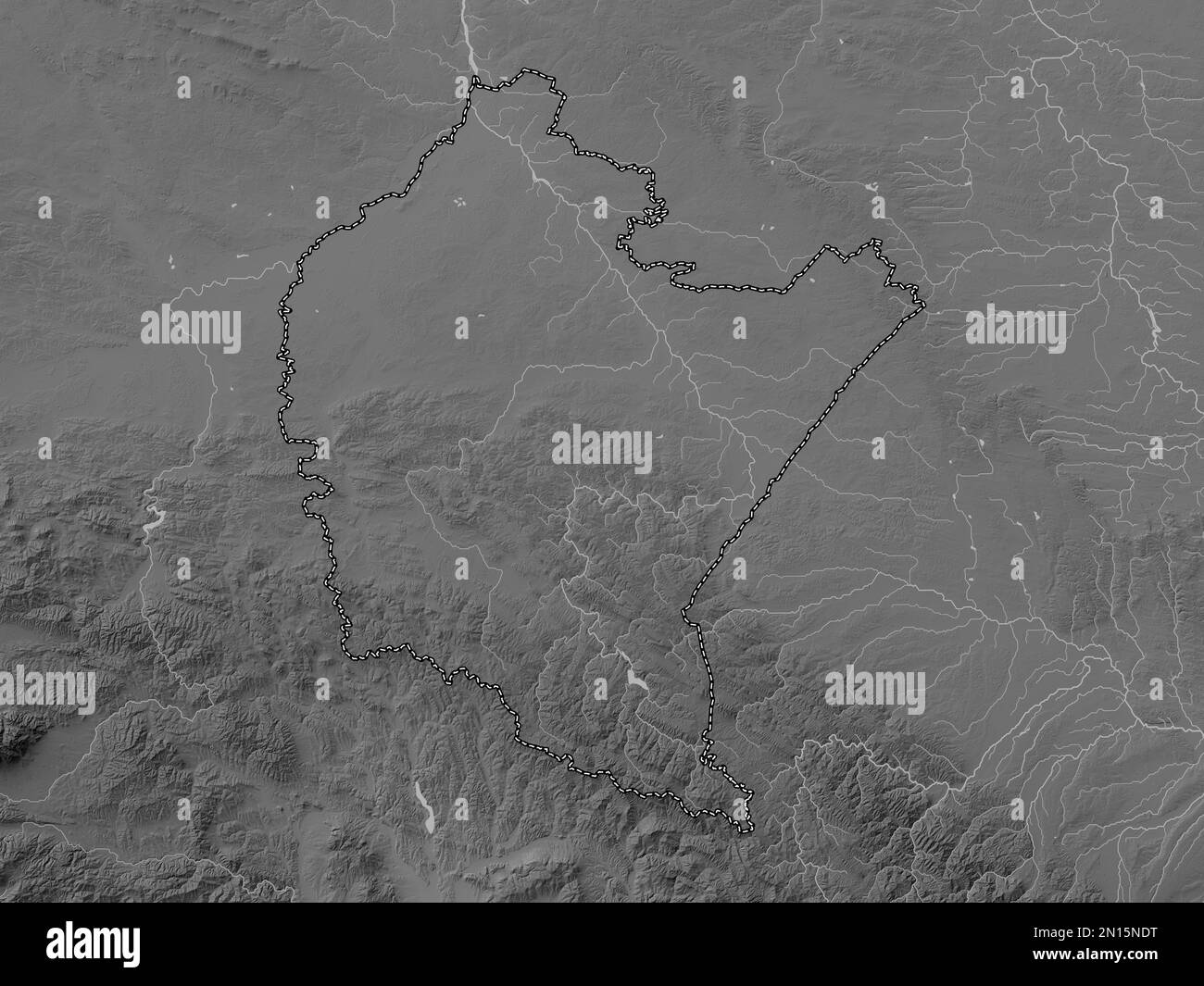 Podkarpackie, voivodeship|province of Poland. Grayscale elevation map with lakes and rivers ...