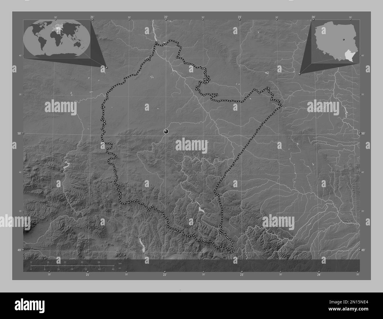 Podkarpackie, voivodeship|province of Poland. Grayscale elevation map ...
