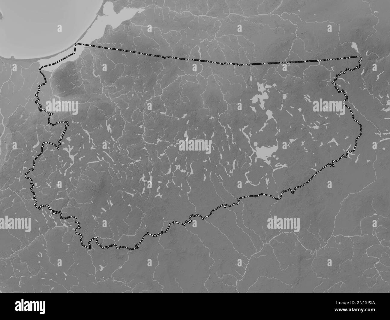 Warminsko-Mazurskie, voivodeship|province of Poland. Grayscale elevation map with lakes and ...