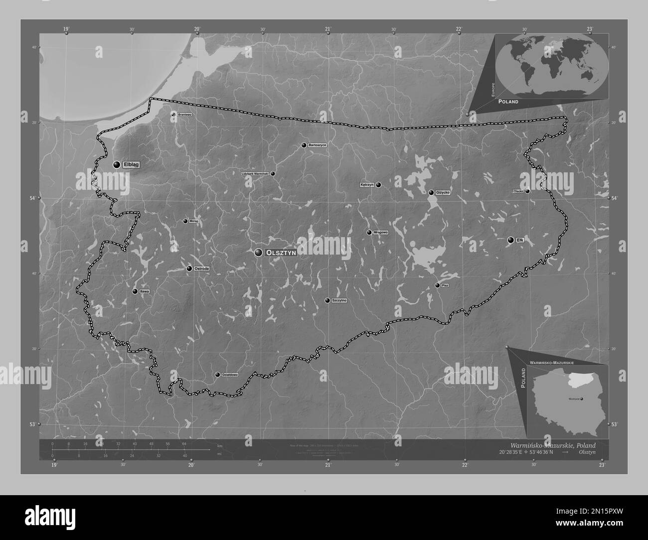 Warminsko-Mazurskie, voivodeship|province of Poland. Grayscale elevation map with lakes and ...