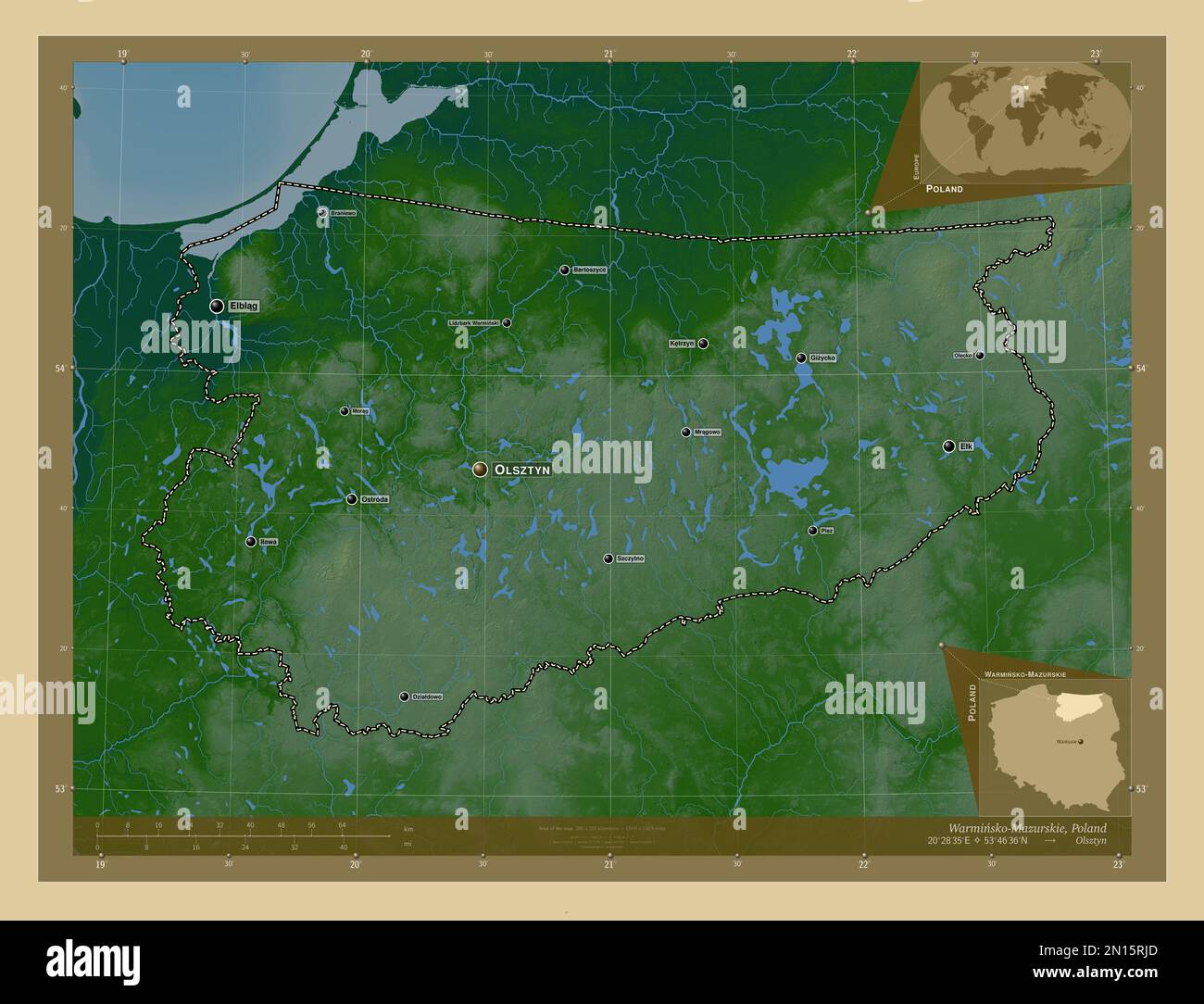 Warminsko-Mazurskie, voivodeship|province of Poland. Colored elevation ...