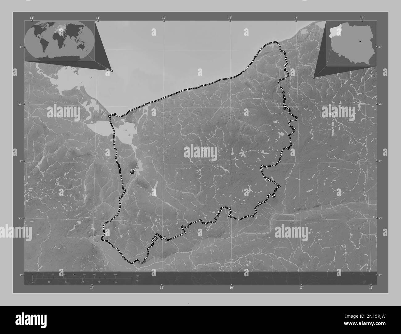 Zachodniopomorskie, voivodeship|province of Poland. Grayscale elevation map with lakes and ...