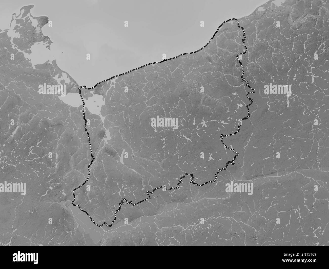 Zachodniopomorskie, voivodeship|province of Poland. Grayscale elevation map with lakes and ...