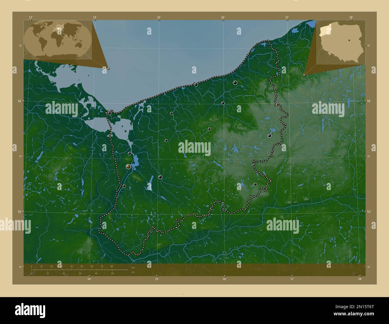 Zachodniopomorskie, voivodeship|province of Poland. Colored elevation ...