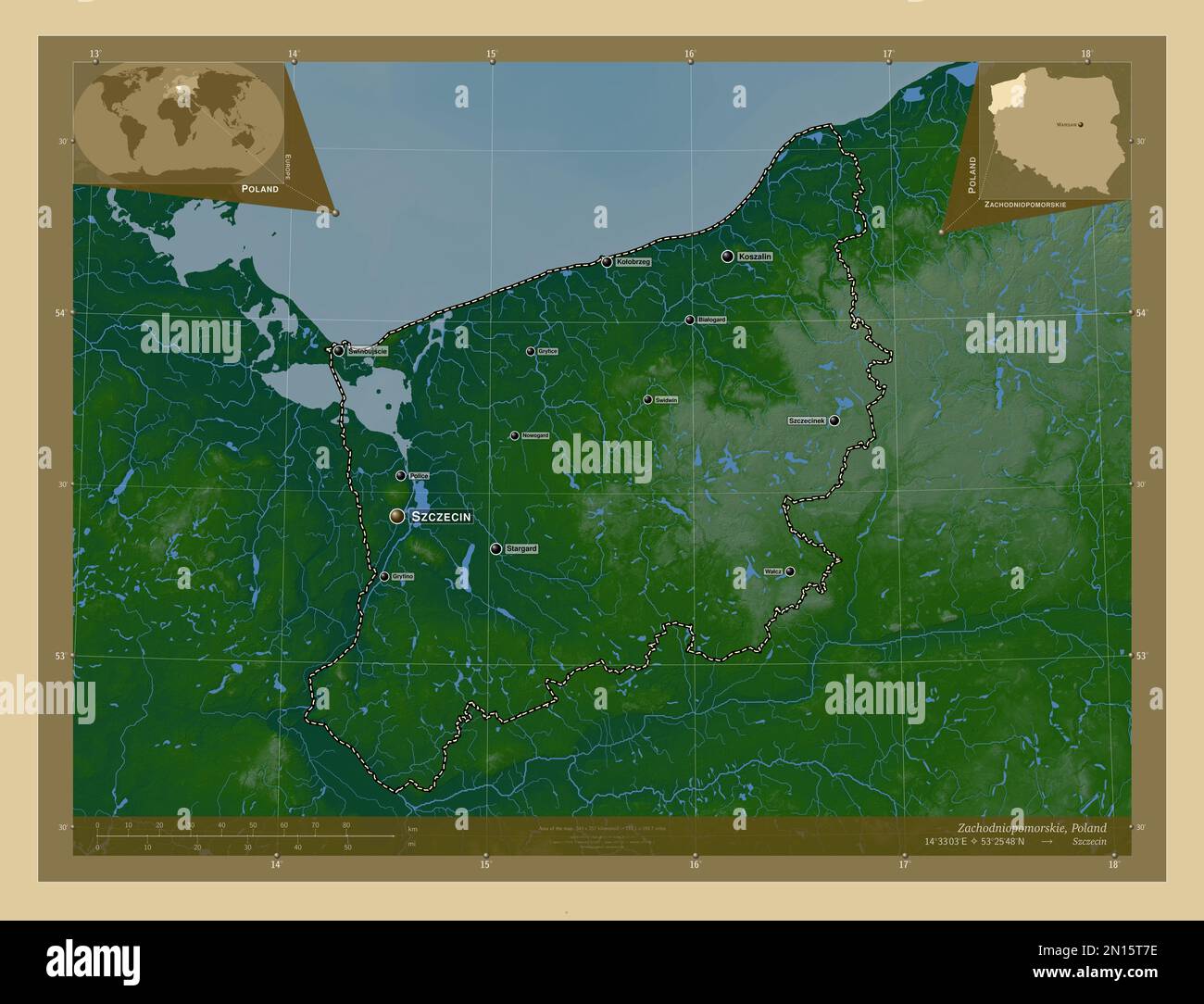 Zachodniopomorskie, voivodeship|province of Poland. Colored elevation ...