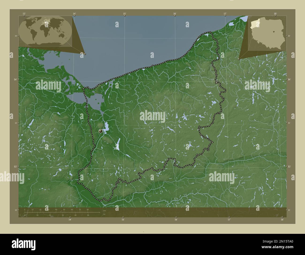 Zachodniopomorskie, voivodeship|province of Poland. Elevation map colored in wiki style with ...