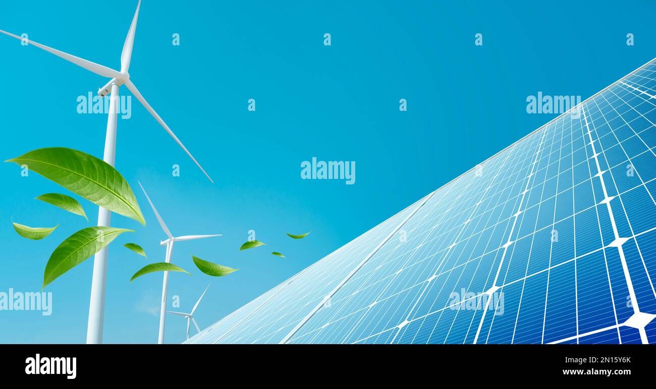 wind turbine and solar panel.green leaf blowing in sky.renewable energy ...
