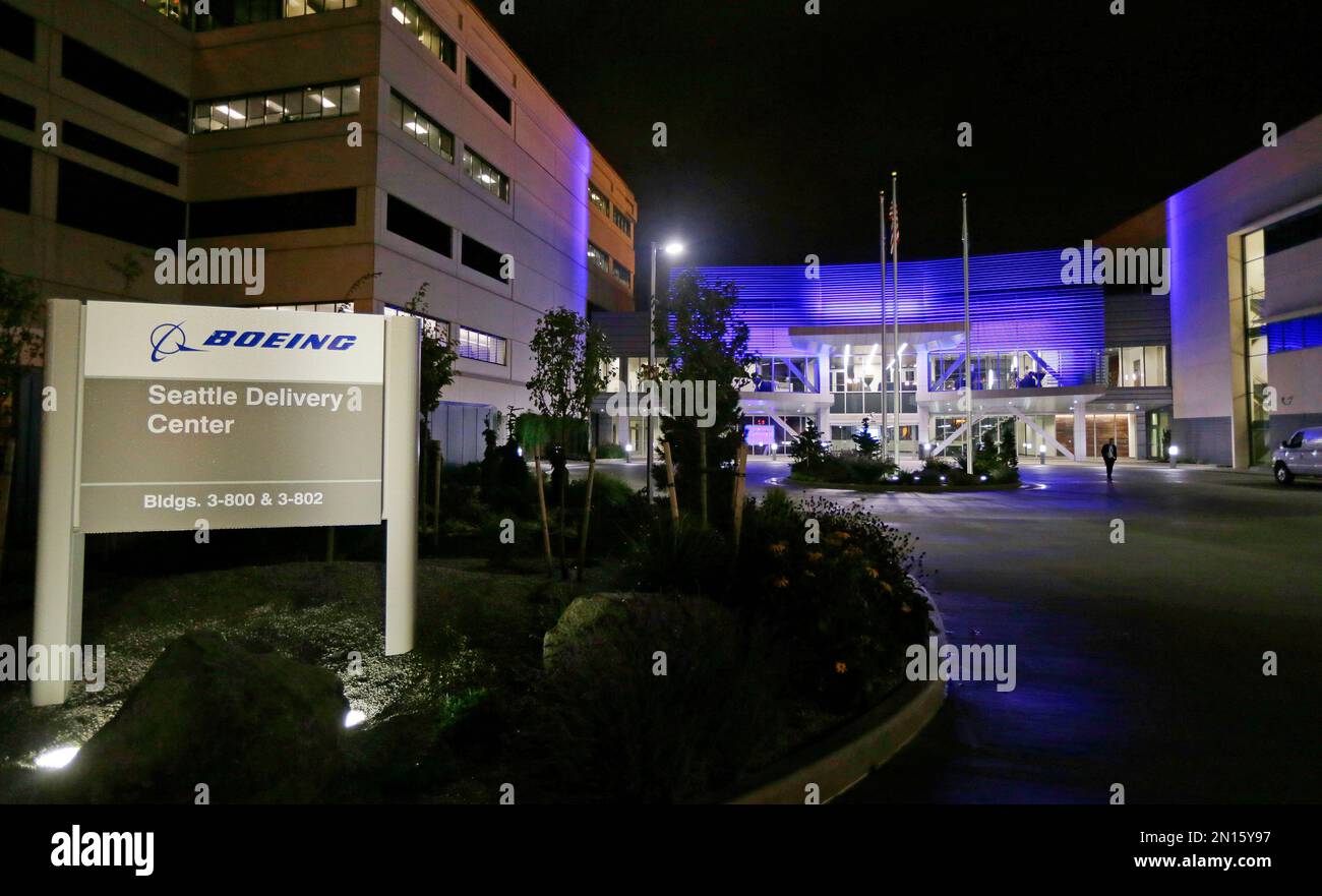 Boeing's newly expanded 737 delivery center is shown before dawn Monday ...
