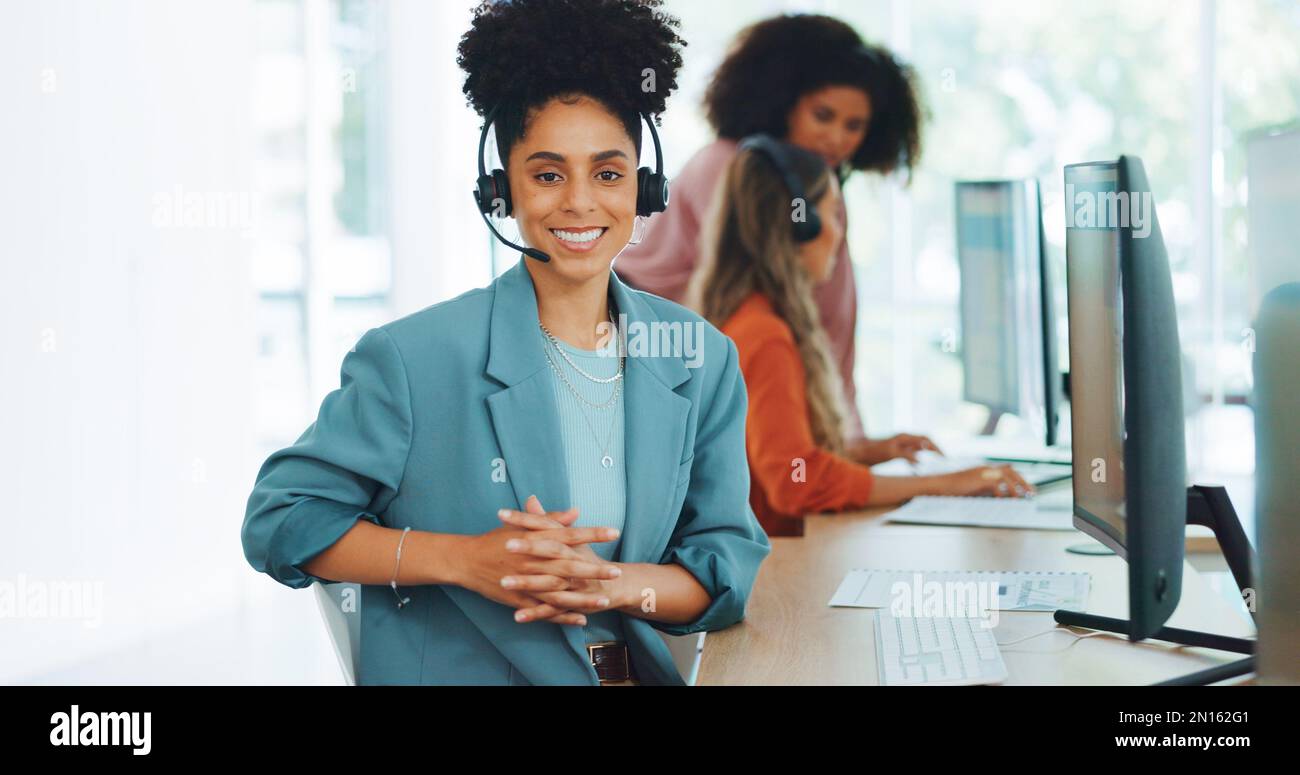 Black woman, call center and contact us with CRM and portrait in office with smile and ...