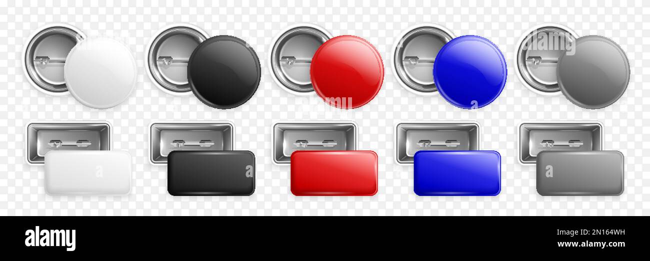 Glossy round and rectangular pin badges of different colors front and ...