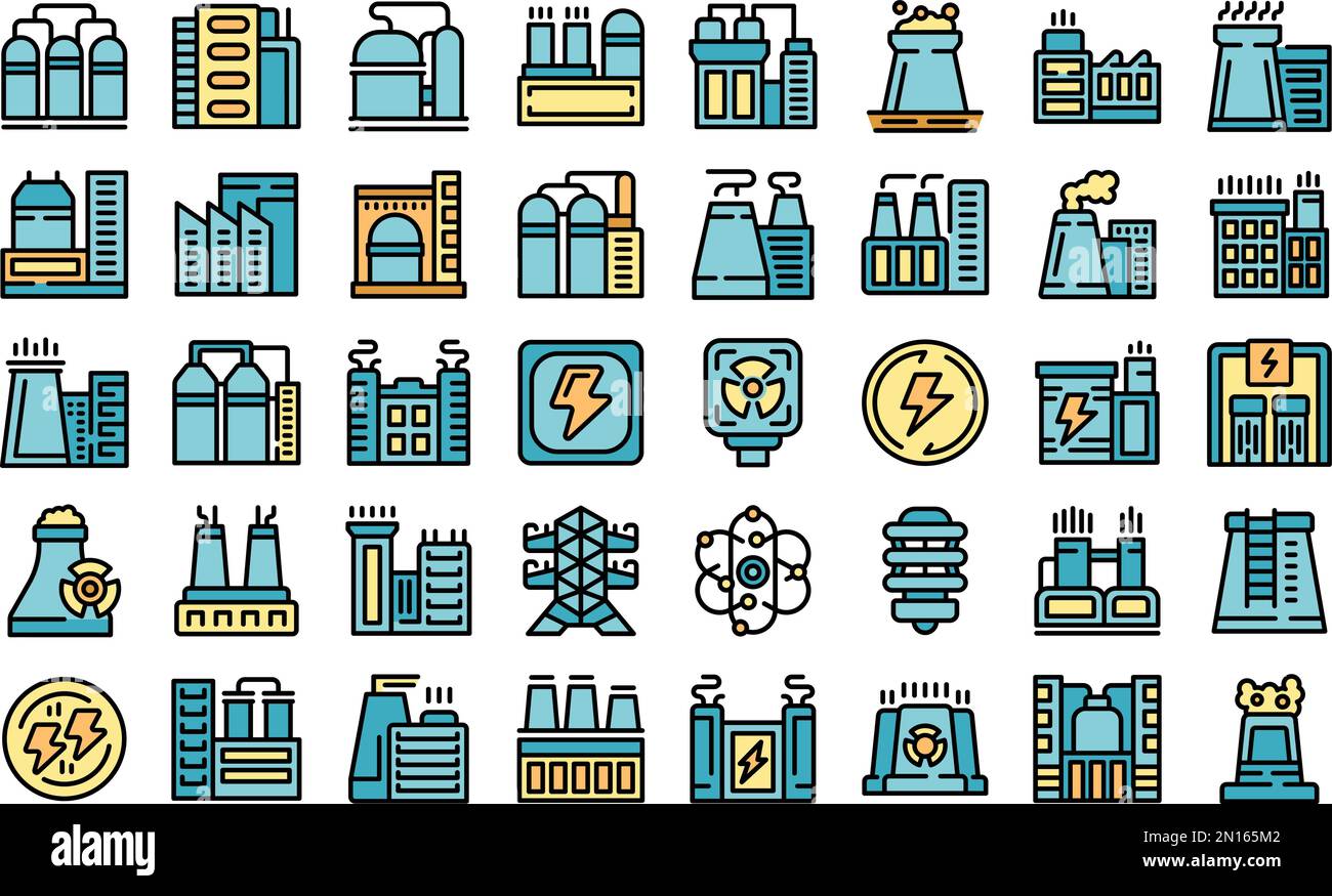 Nuclear power station icons set outline vector. Power energy. Nuclear atom color line on white ...