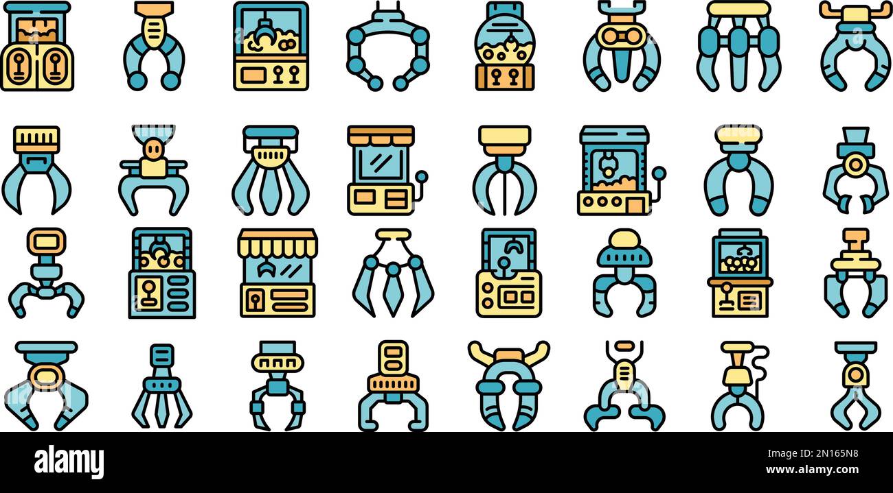 Grabber icons set outline vector. Claw crane. Game reacher color line ...