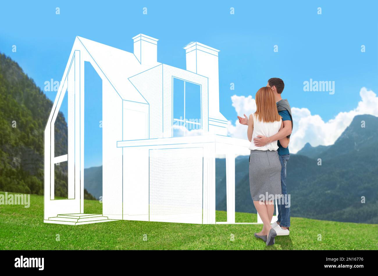 Couple dreaming about future house. Landscape with building ...