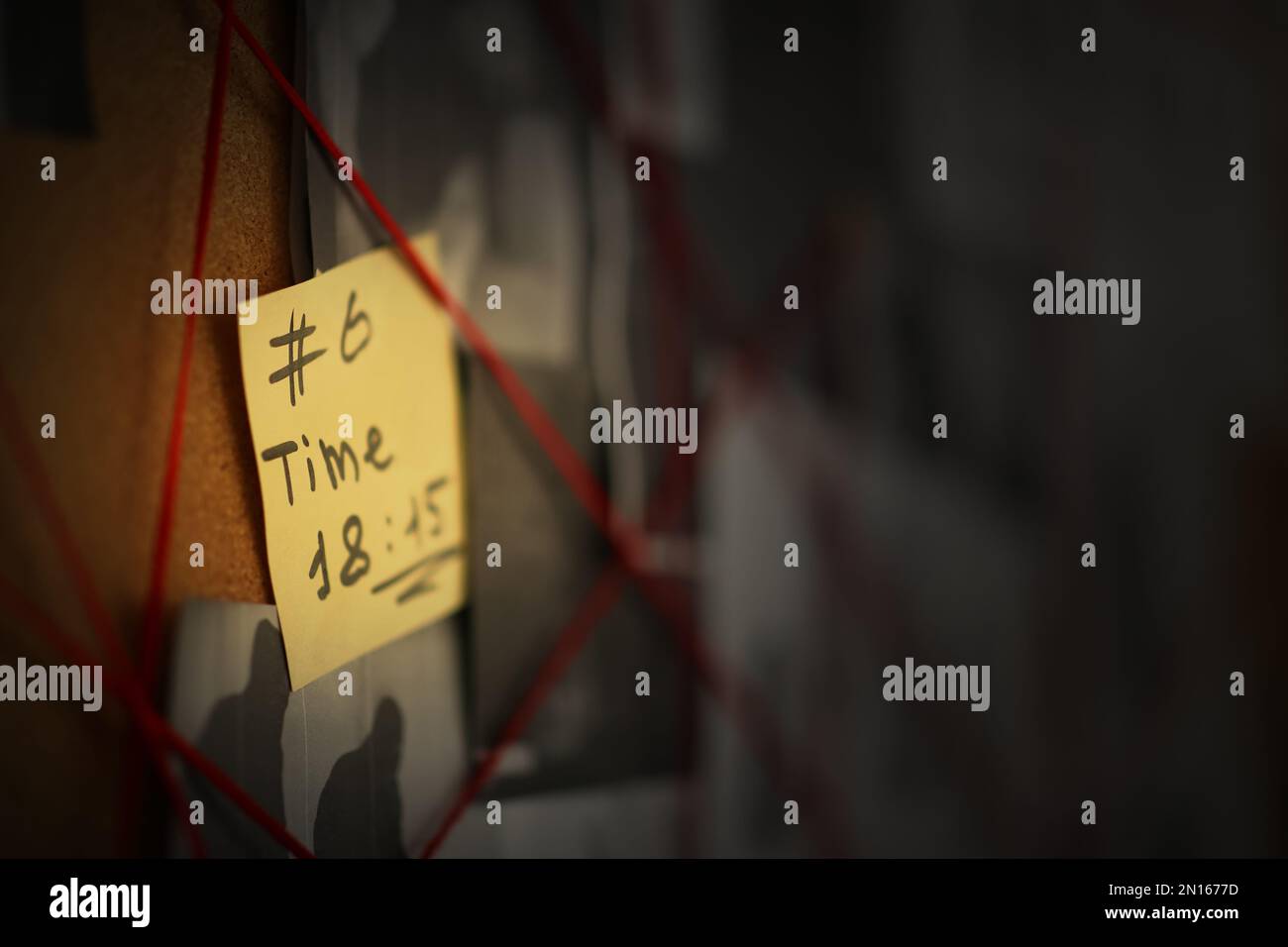 Detective board with sticker, crime scene photos and red threads ...