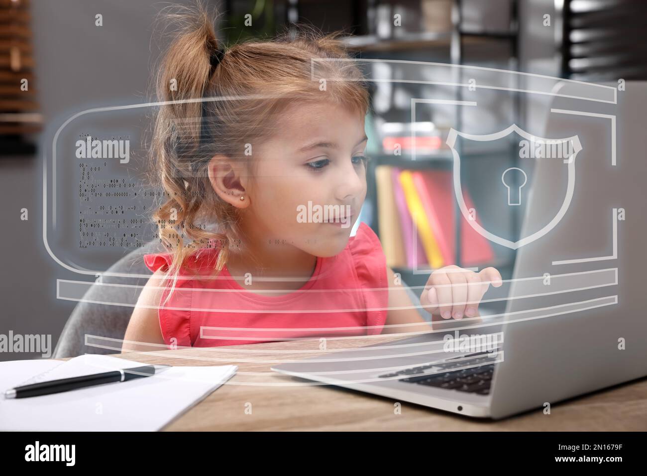 Child safety online. Little girl using laptop at home. Illustration of ...