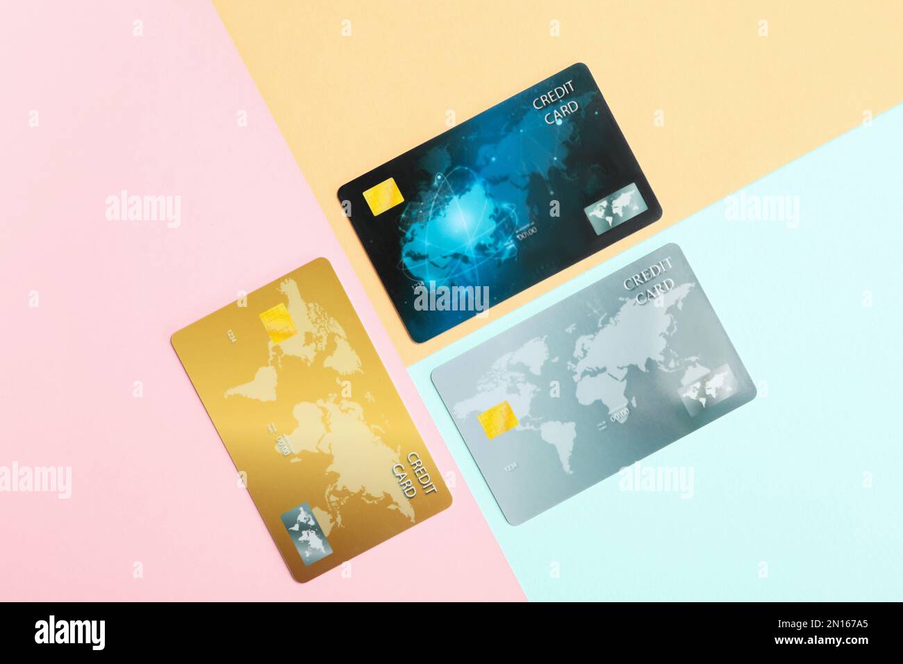 Different plastic credit cards on color background, flat lay Stock ...