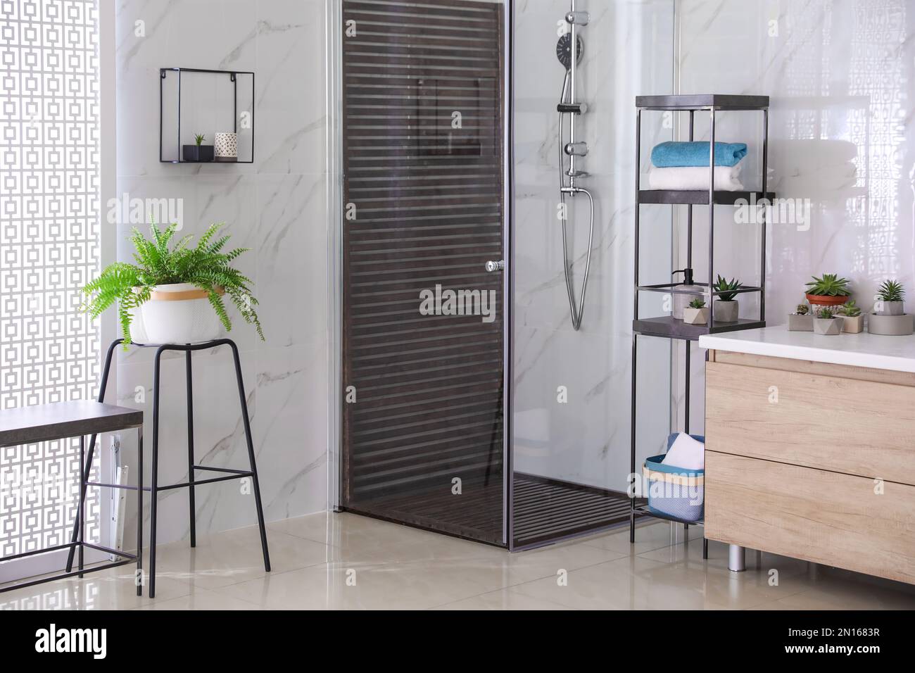 Bathroom interior with shower stall and counter. Idea for design Stock ...