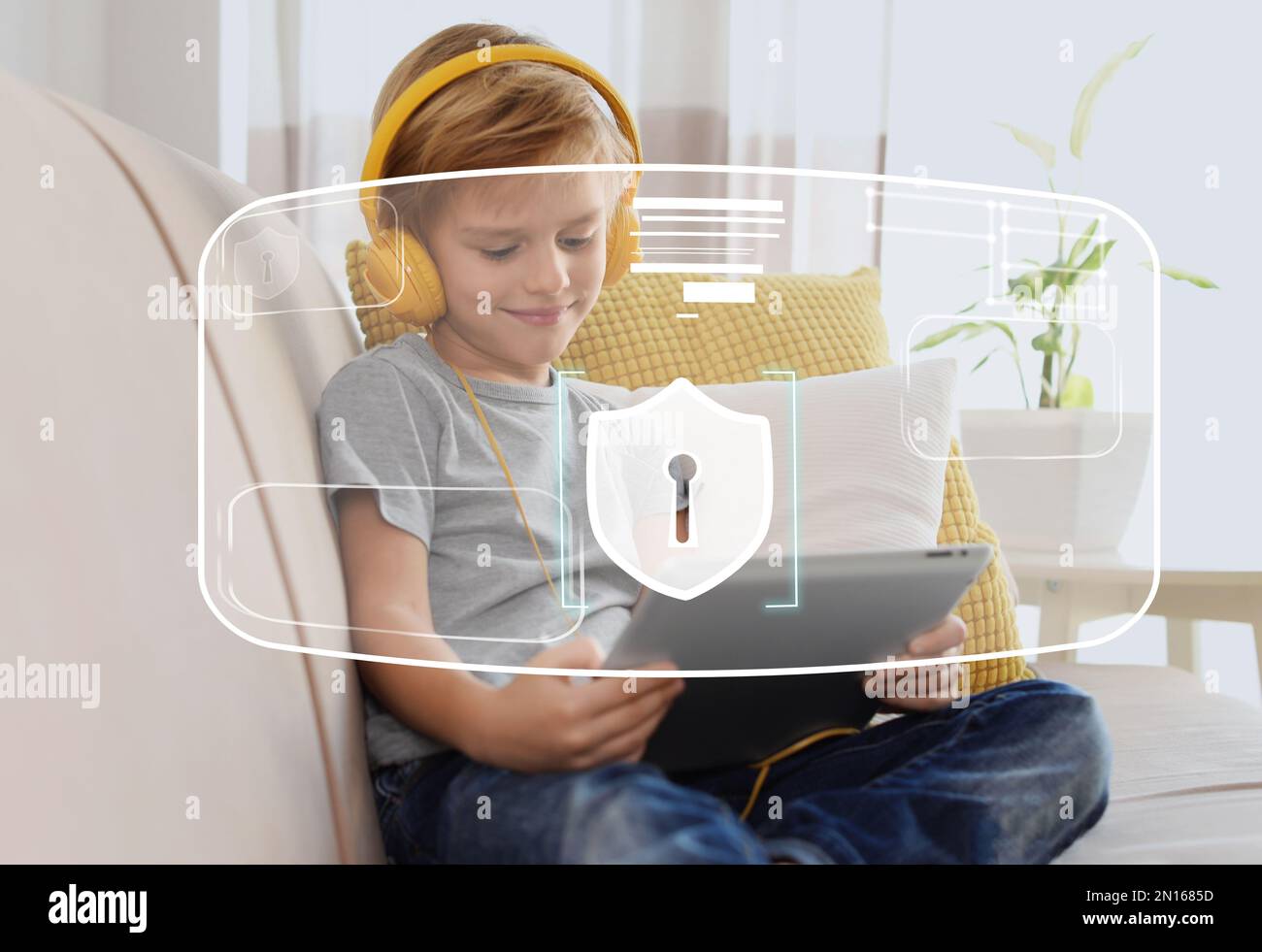 Child safety online. Little boy using tablet at home. Illustration of ...