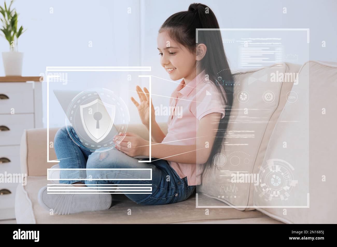 Child safety online. Little girl using laptop at home. Illustration of ...