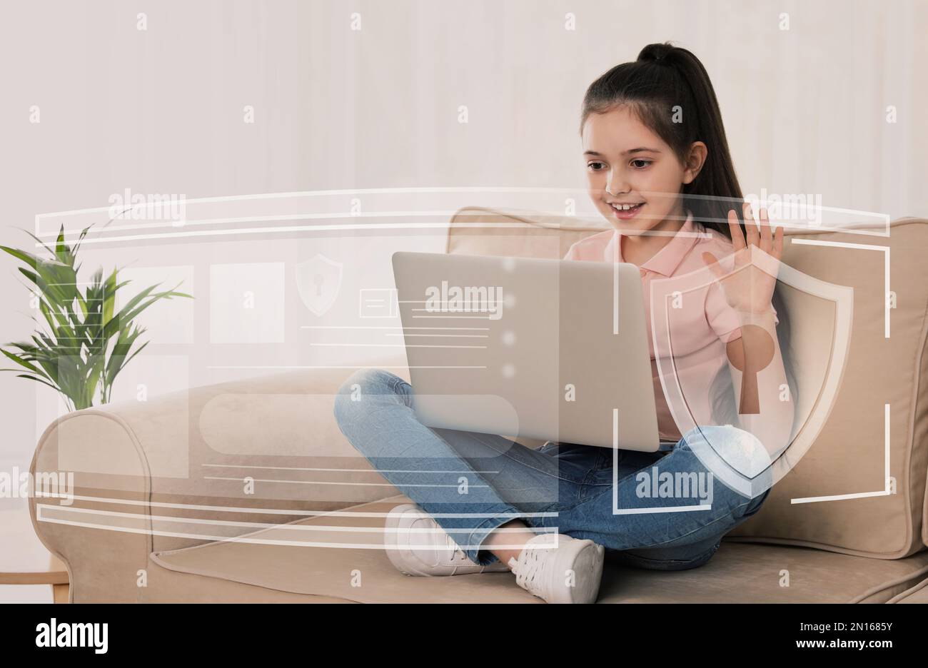 Child safety online. Little girl using laptop at home. Illustration of ...