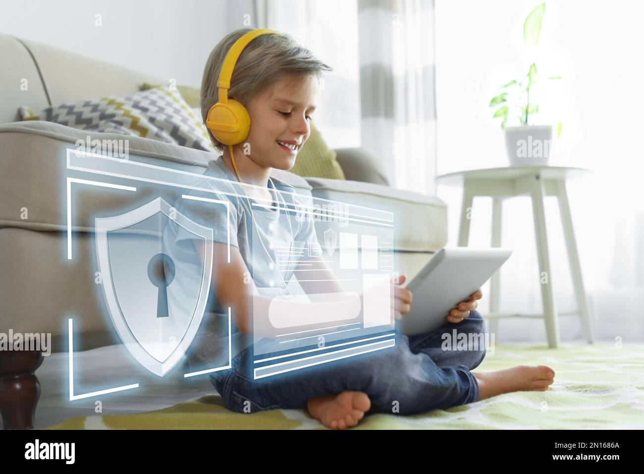 Child safety online. Little boy using tablet at home. Illustration of ...