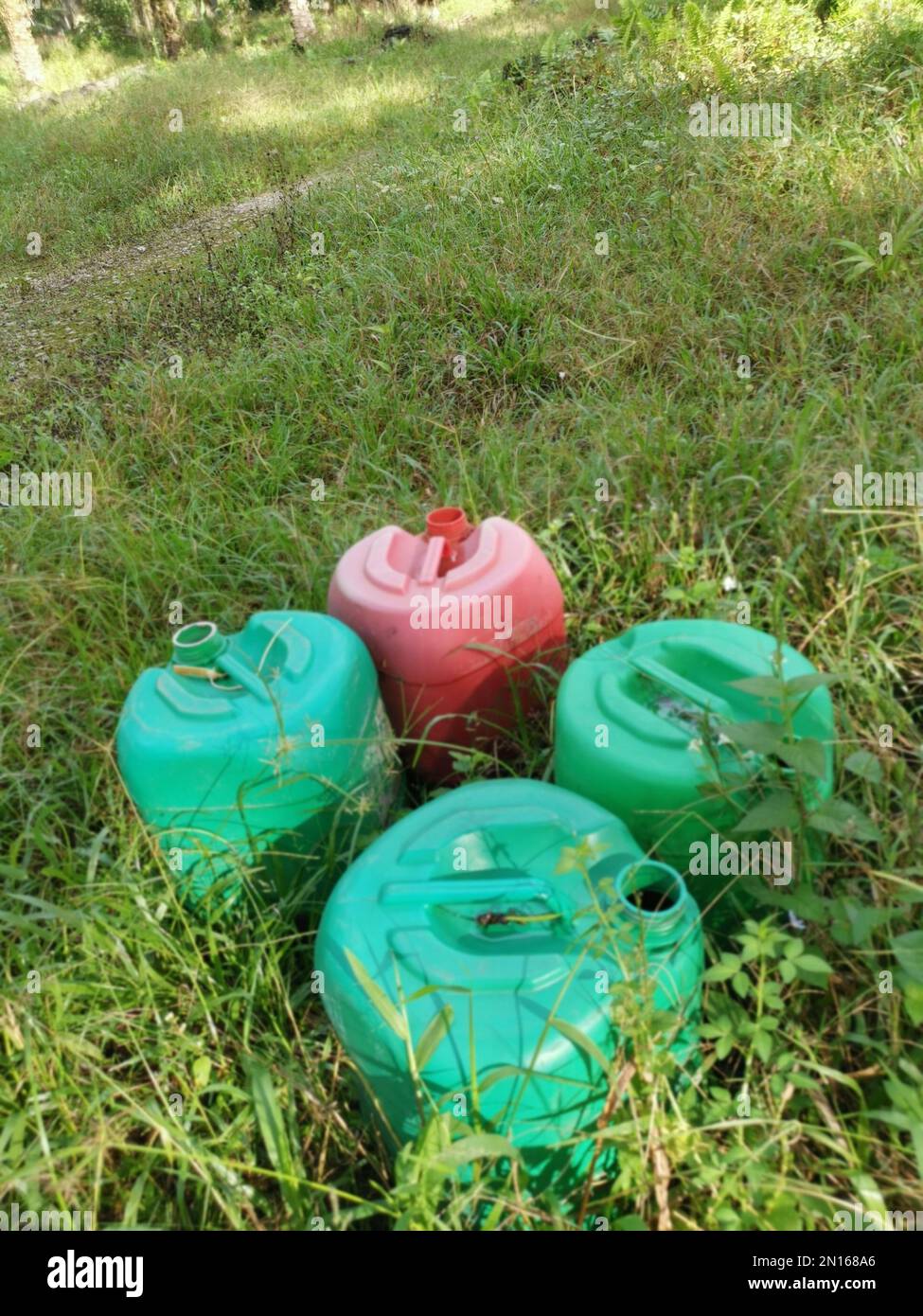 colorful pesticide containers left at the oil palm plantation Stock ...