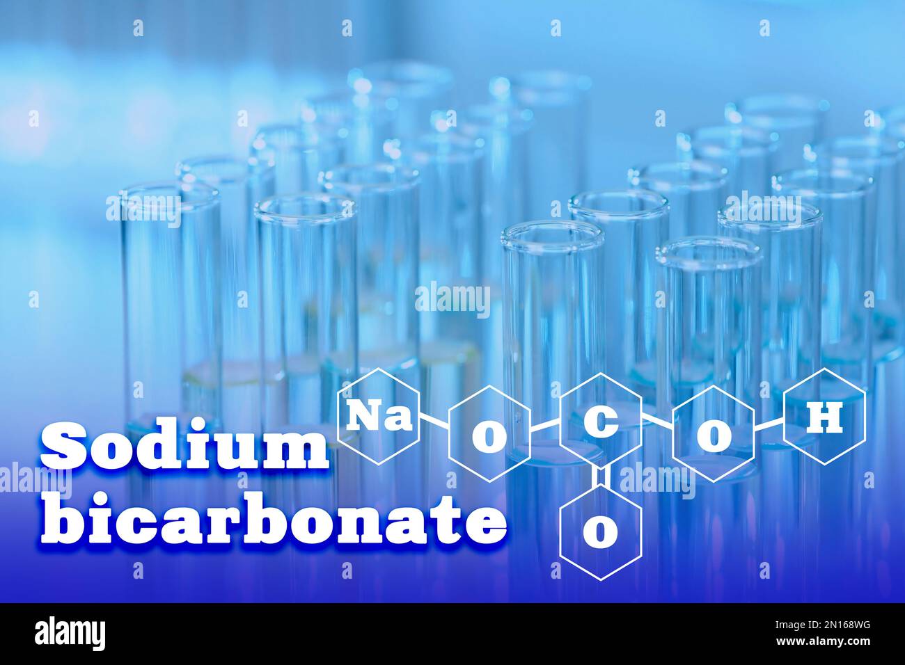 Text Sodium bicarbonate with soda formula and test tubes on background ...