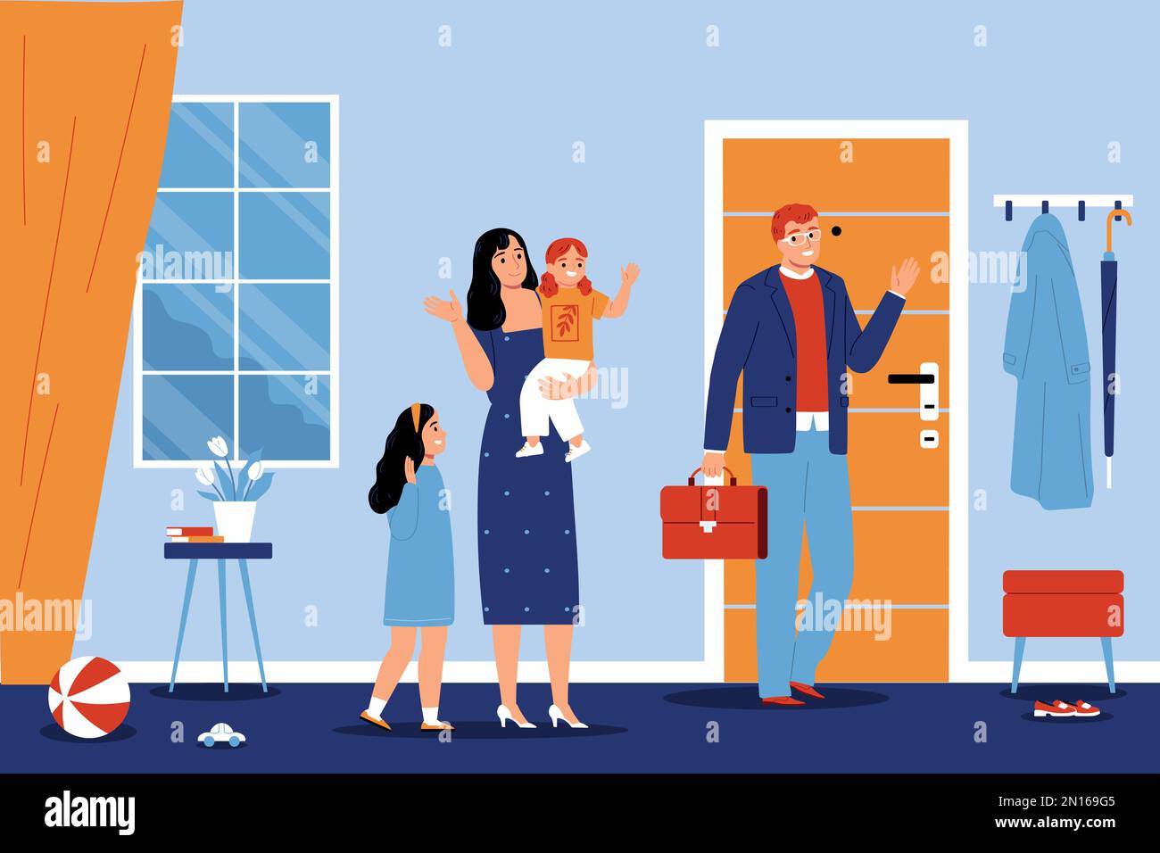 Mother and daughters see off dad leaving home for work in hall flat ...