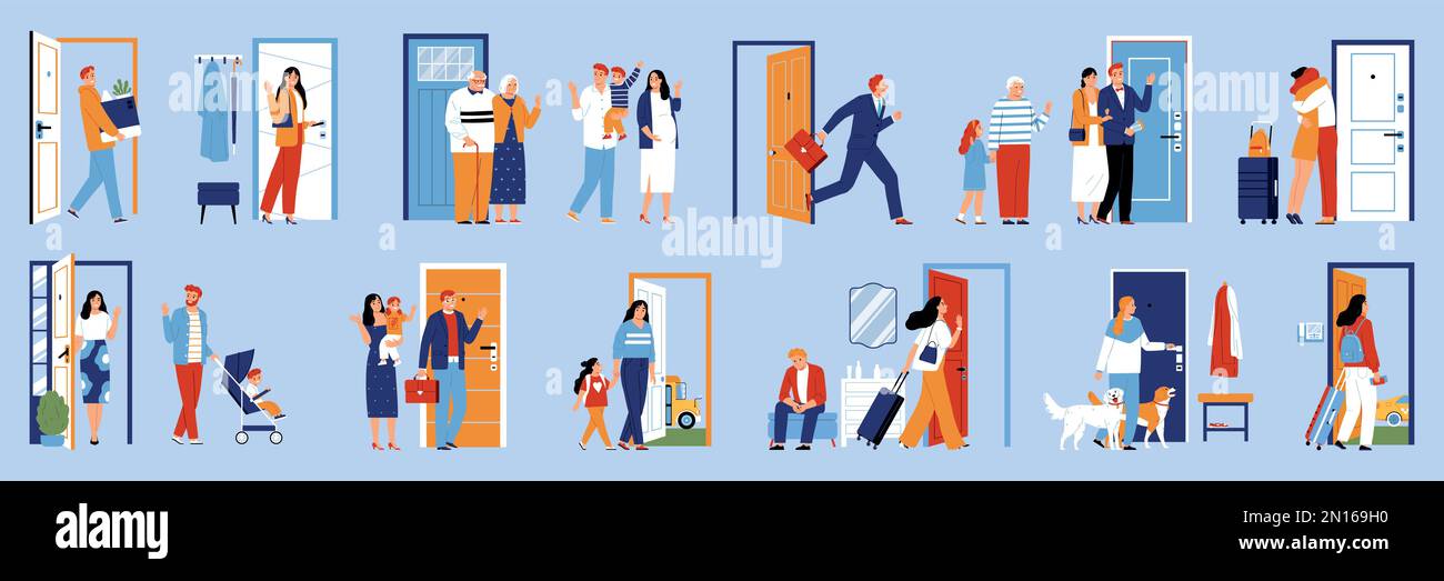 People leaving home for work school going out saying goodbye to family ...