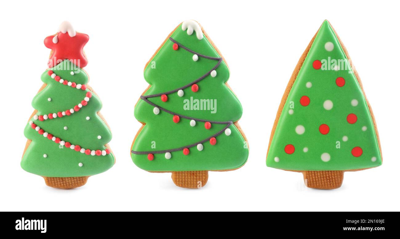 Set of Christmas tree shaped cookies on white background. Banner design ...