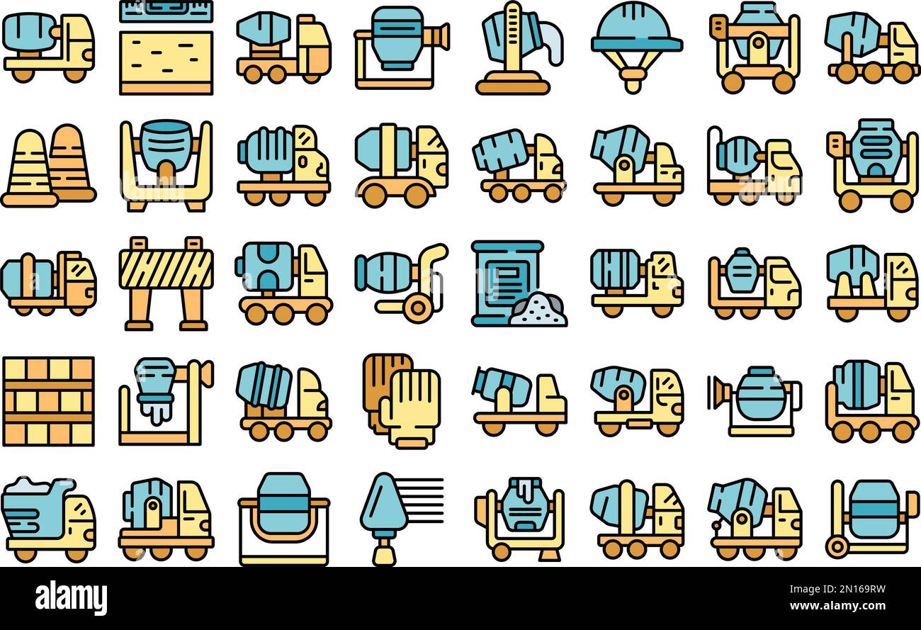 Cement mixer icons set outline vector. Concrete mix. Builder machine ...
