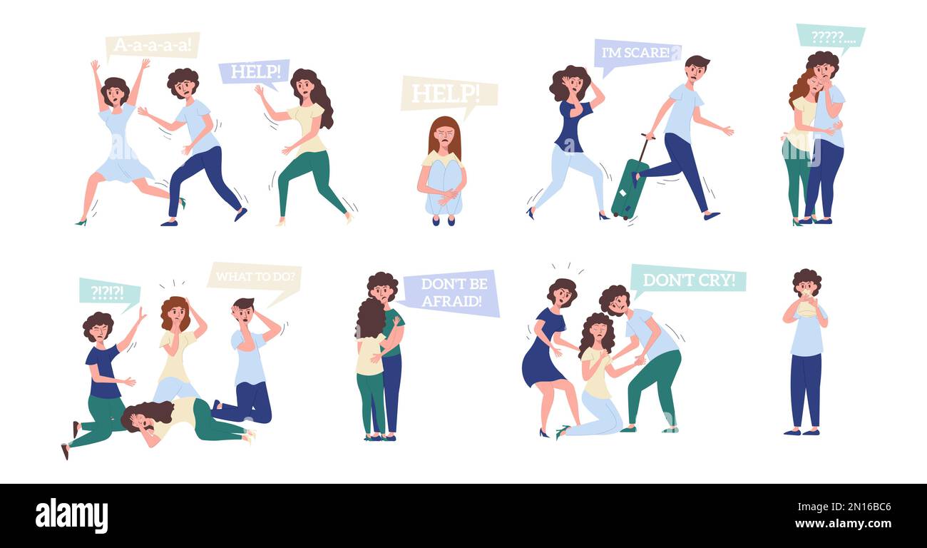 Panic flat set of adult people scared crying asking for help isolated ...