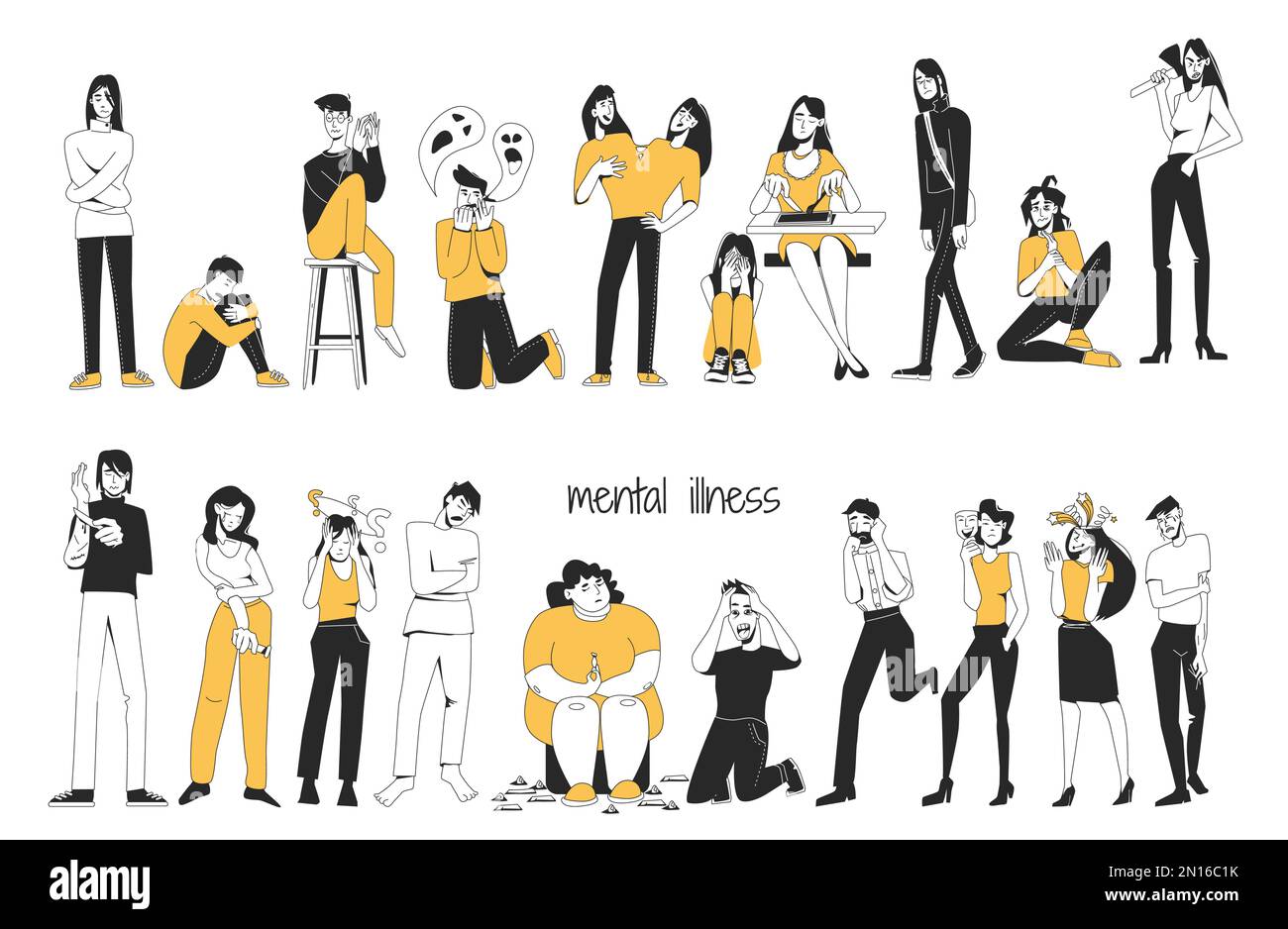 Mental illness flat set of men and women with mental disorders ...