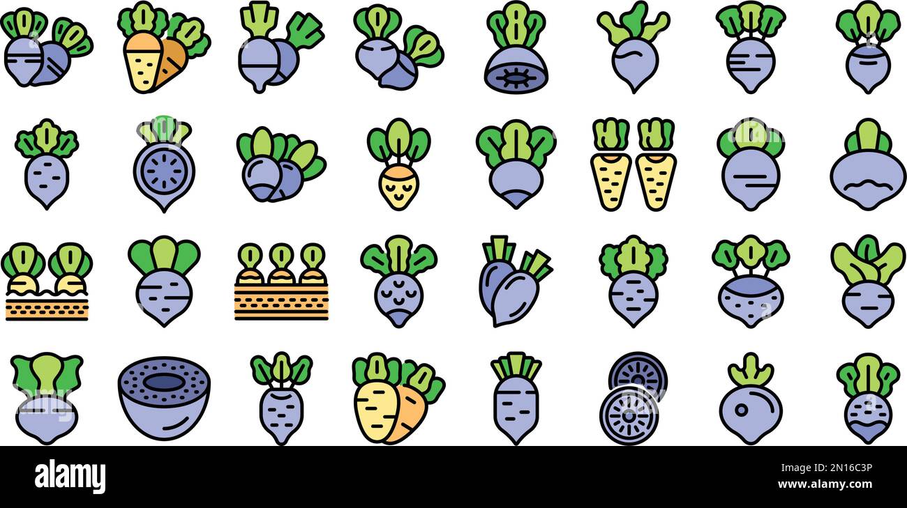 Radish icons set outline vector. Slice agriculture. Summer plant color line on white isolated ...