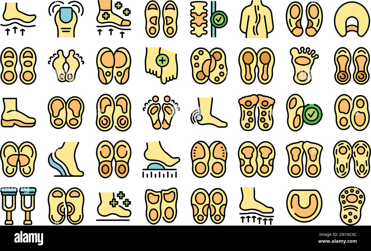 Orthopedic insoles icons set outline vector. Food adhesive. Insole shoe ...