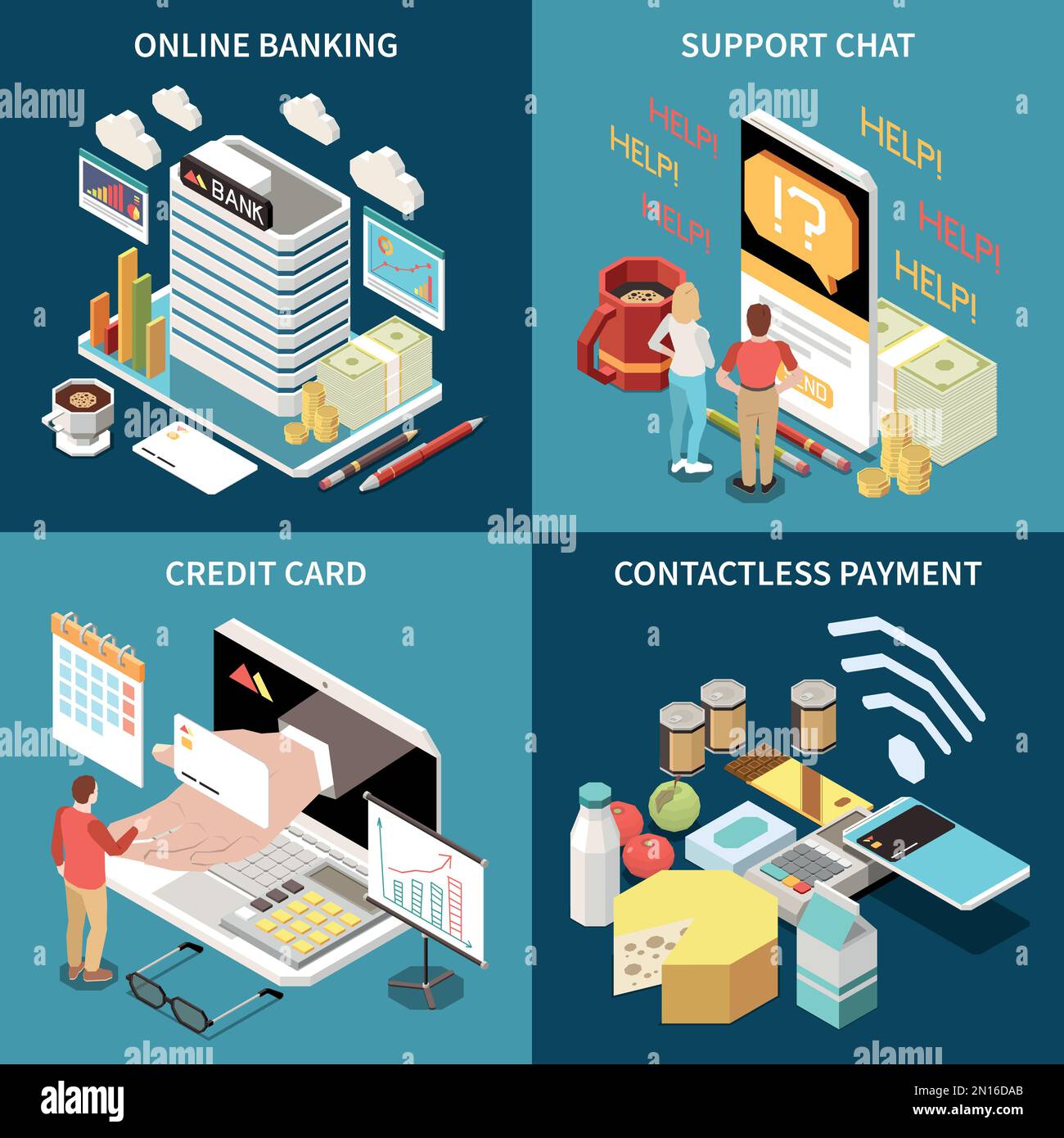 Online mobile banking service 2x2 isometric concept set of credit card ...