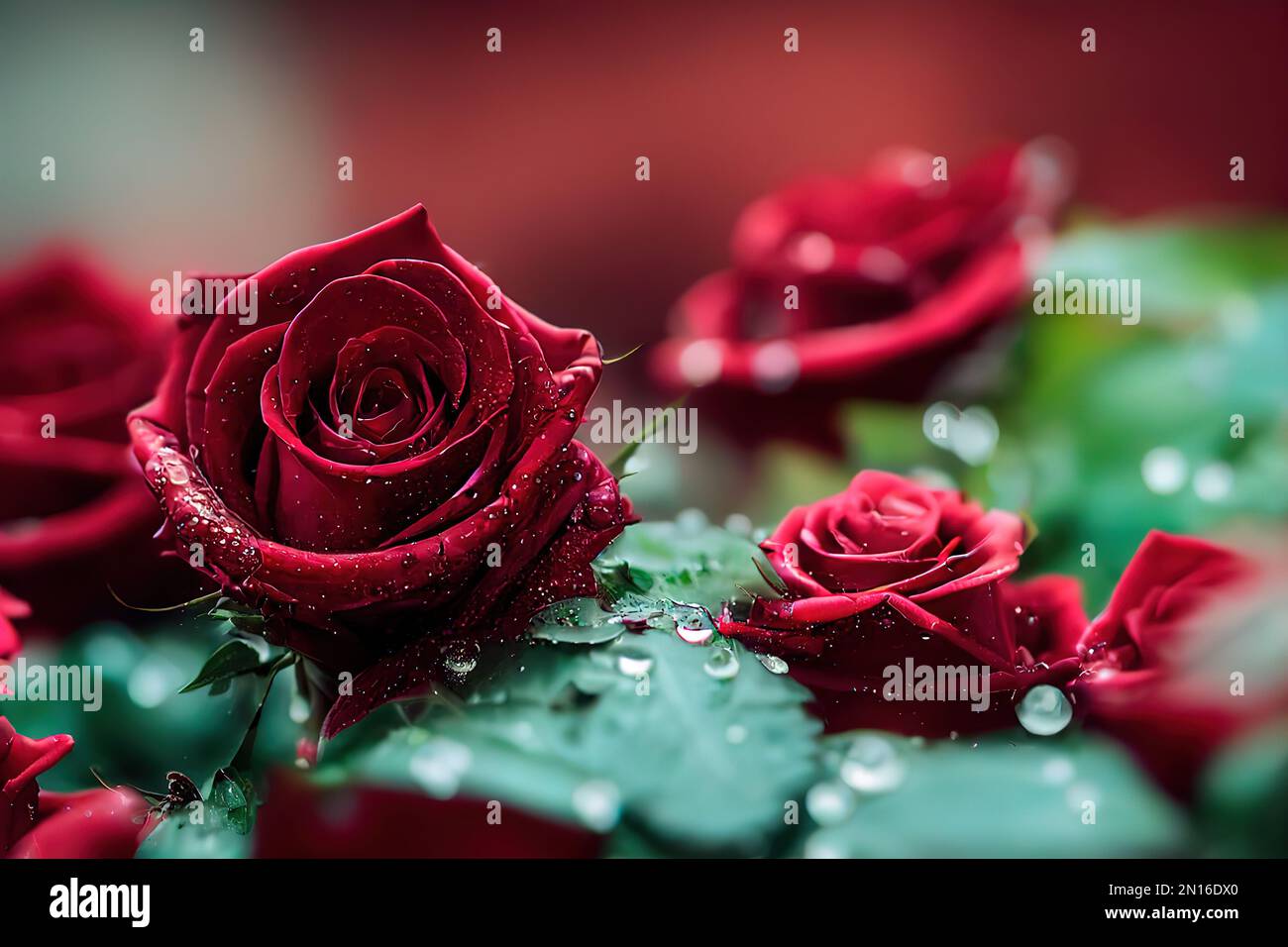 Radiant Red Roses with Dewy Green Leaves Stock Photo - Alamy