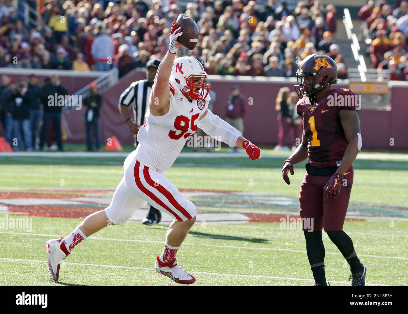 Nebraska defensive end Jack Gangwish (95) celebrates his fumble ...