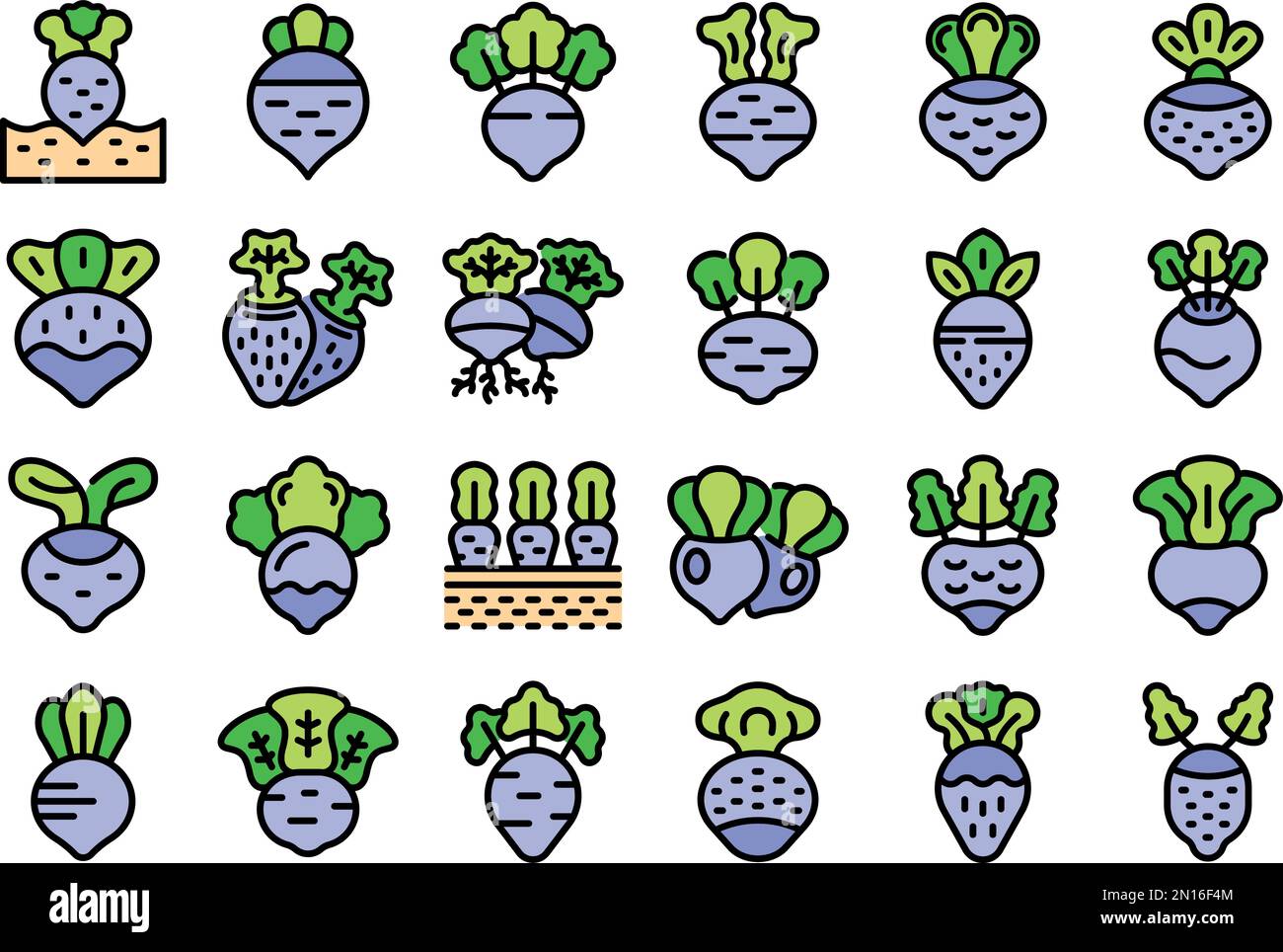 Turnip icons set outline vector. Cooking plant. Cuisine diet color line ...