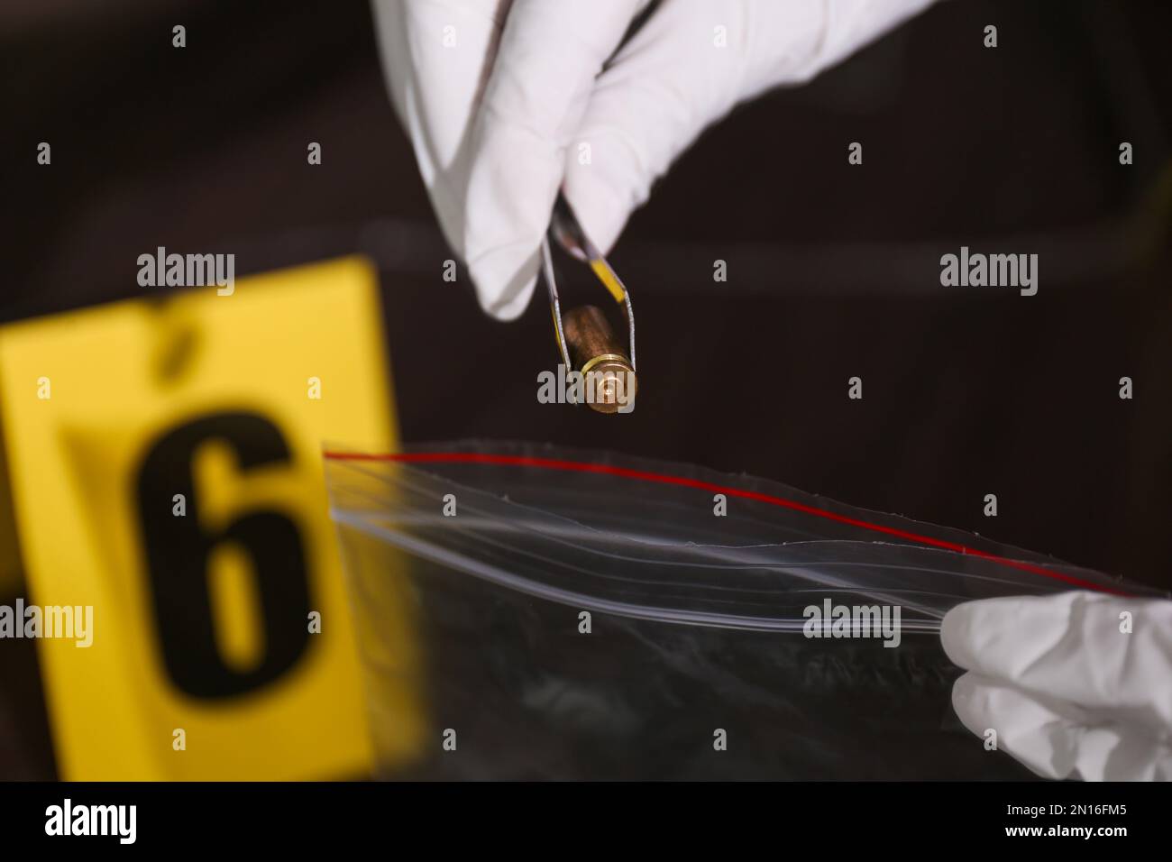 Detective putting bullet shell into plastic bag at crime scene, closeup ...