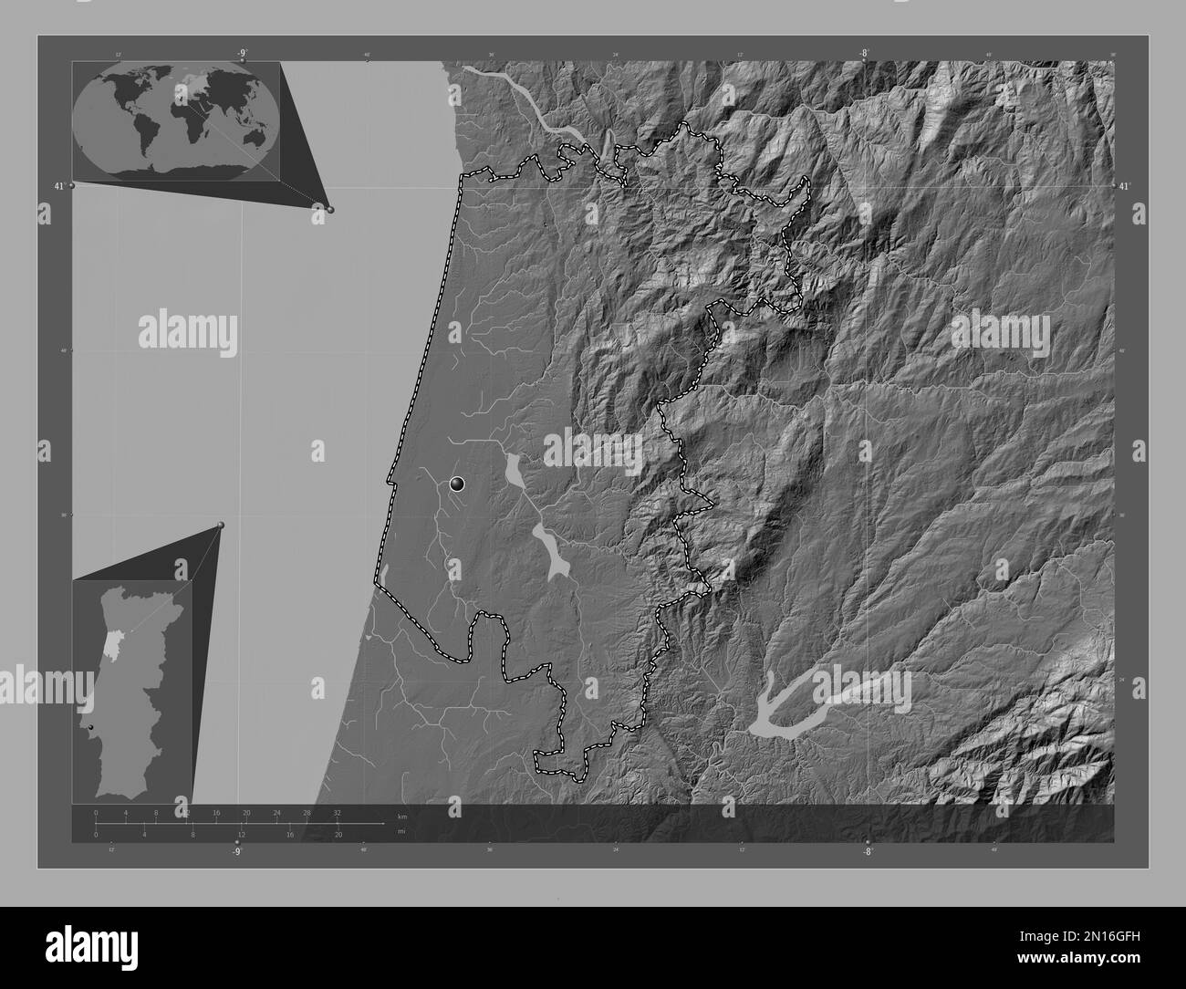 Aveiro, district of Portugal. Bilevel elevation map with lakes and ...