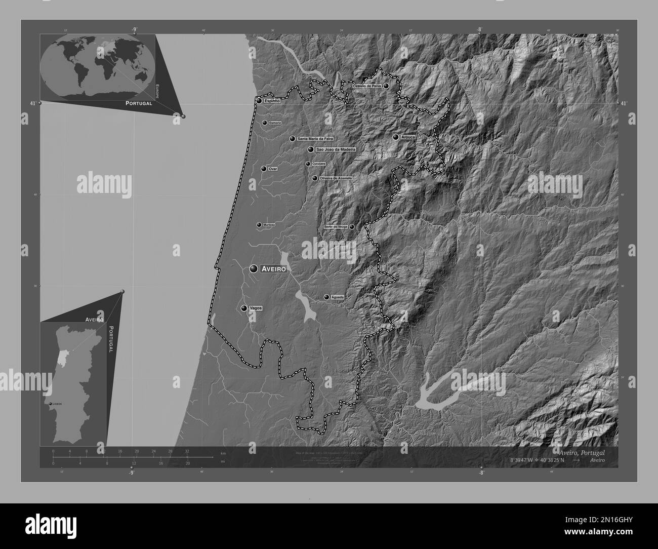 Aveiro, district of Portugal. Bilevel elevation map with lakes and ...